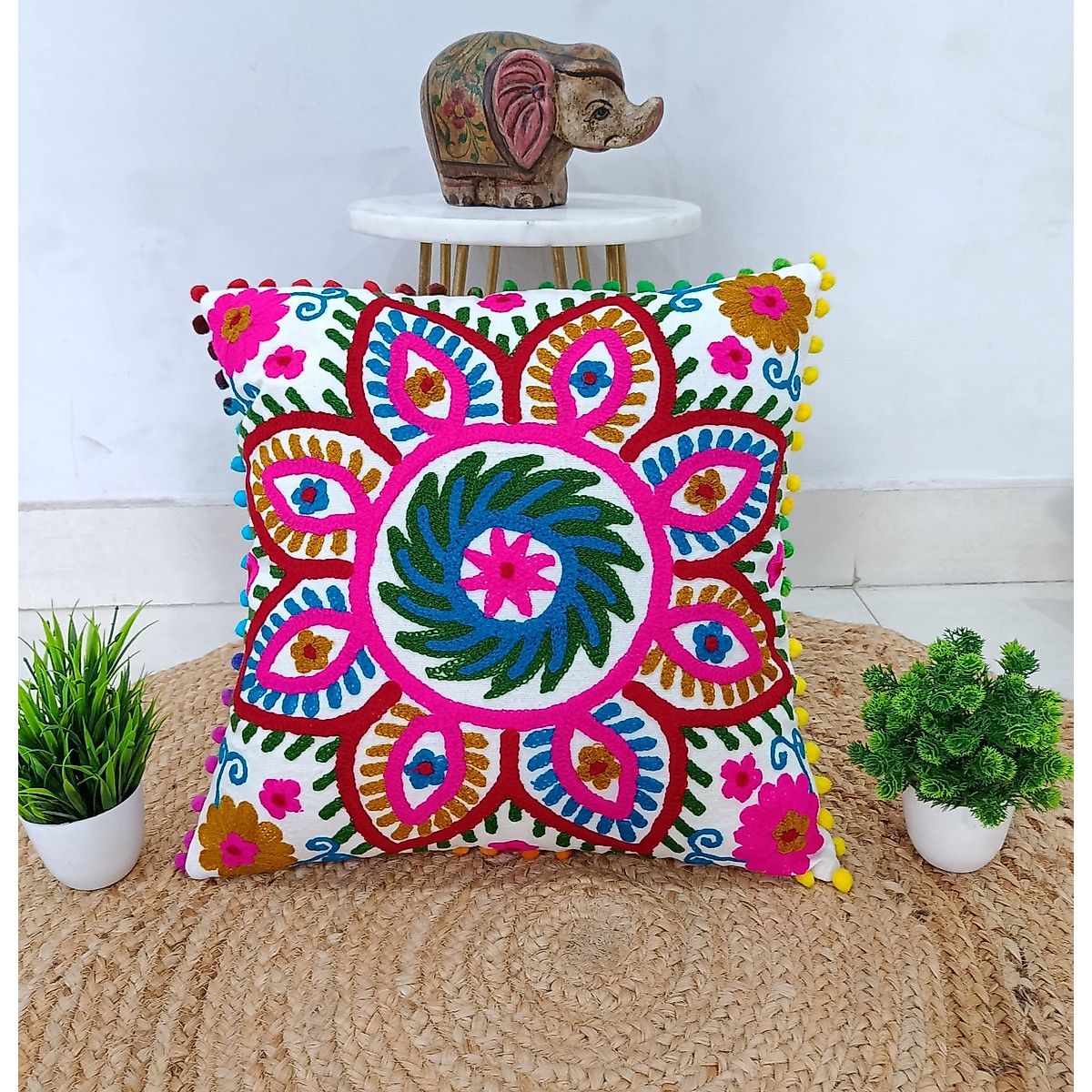 Trade Star 100% Cotton Embroidered Pillow Cover Beautiful Pom Pom Pillow Cover Fall Decor Cushion Cover Decorative Hand Design 16x16 Inches Modern Sofa Throw Pillow Cover for Home Decor
