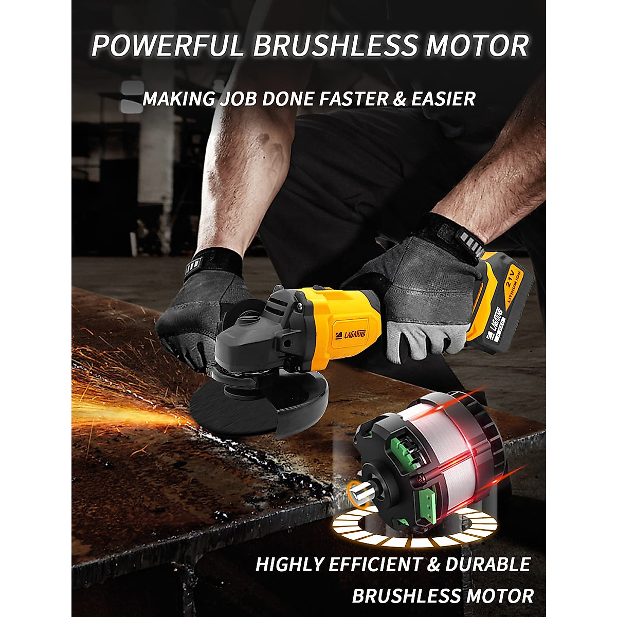 LAGATUNS Cordless Angle Grinder，Cordless Grinder w/21V 6.0Ah Li-Ion Battery & Charger,Brushless Motor, 4-1/2'' Blade, Quick-Change Wheel Guard, 2-Position Handle, Battery Grinder Tool set