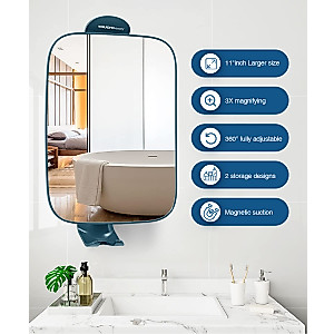 TOUCHBeauty 3X Shower Mirrors for Shaving with Razor Holder, Heldhand & 360 Degree Swivel, Larger Size 11" Blue Bathroom Accessories for Men