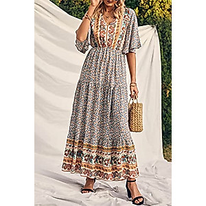 PRETTYGARDEN Women's Casual Summer Boho Floral Print Dress V Neck Short Sleeve High Waist Long Maxi Beach Dresses (White Floral,Medium)