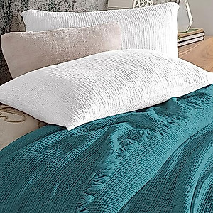 Muslin Throw Blanket, 4-Layer Soft & Breathable Gauze Summer Throw Blanket for Bed, Couch, 50"X60" Lightweight Teal Throw Blanket with Tassels, All Season