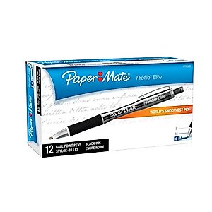 Paper Mate Profile Elite Retractable Ballpoint Pens, Bold Point (1.4mm), Black, 12 Count