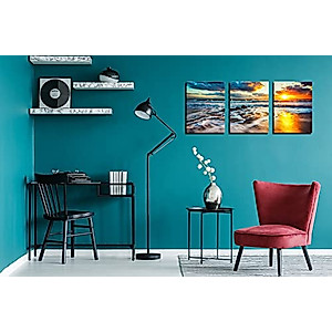 Canvas Wall Art Beach Sunset Ocean Waves Nature Pictures HD Prints 3 Pieces Stretched Canvas Wooden Framed Artwork for living Room Bedroom and Office living Room Wall Decor Size:12"x16"x3