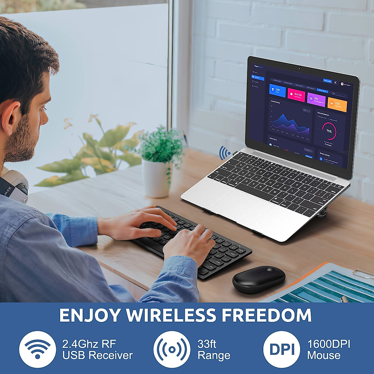 Wireless Keyboard and Mouse Combo, WisFox 2.4G Full-Size Slim Thin Wireless Keyboard Mouse for Windows, Computer, Desktop, PC, Laptop Mac (Deep Black)