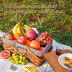 Woodchip Picnic Basket with Portable Wine Table, Woven Basket with 2 Swing Handles & Removable Lining, Empty Large Basket for Picnic, Outdoor, Camping, Family, Party, Wedding Gifts for Couple. Grey