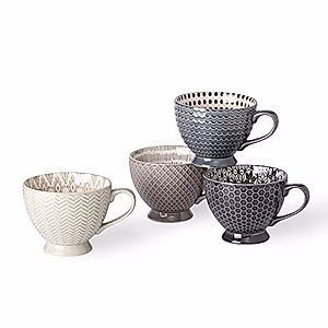 Signature Housewares Pad Print Set of 4 Ceramic Assorted Footed 14oz Mugs, PP Gray