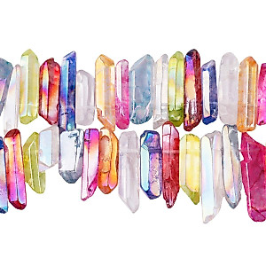TUMBEELLUWA Rock Quartz Crystal Points Loose Beads for Jewelry Making, Titanium Coated Polished/Raw Quartz Points Beads 15 Inches Top Drilled,Multi-color Crystal Points(0.5"-1.6")