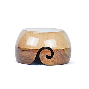 CRAFT INDIA Large Wooden Yarn Bowl | Handmade Knitting Wool Storage Bowl | Yarn Holder Dispenser with Holes to Prevent Slipping and Tangles for Knitting & Crocheting (Brown & Offwhite)