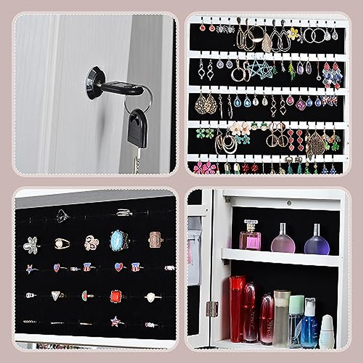 BOSTANA Jewelry Armoire 65" H,Full Length Mirror 360° Swivel, Storage Shelves, Lockable Standing Jewelry Cabinet Organizer with Large Storage Capacity,living room,bedroom (white)