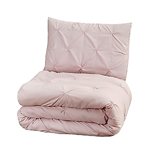 3 Piece Microfiber Comforter Set Girls Bed Dorm Room Decor Pinch Pleat Pintuck Down Alternative Queen Size Bedding - All Season Rose Blush Pink Bedroom Decor- JN1 (Queen 3 Piece)