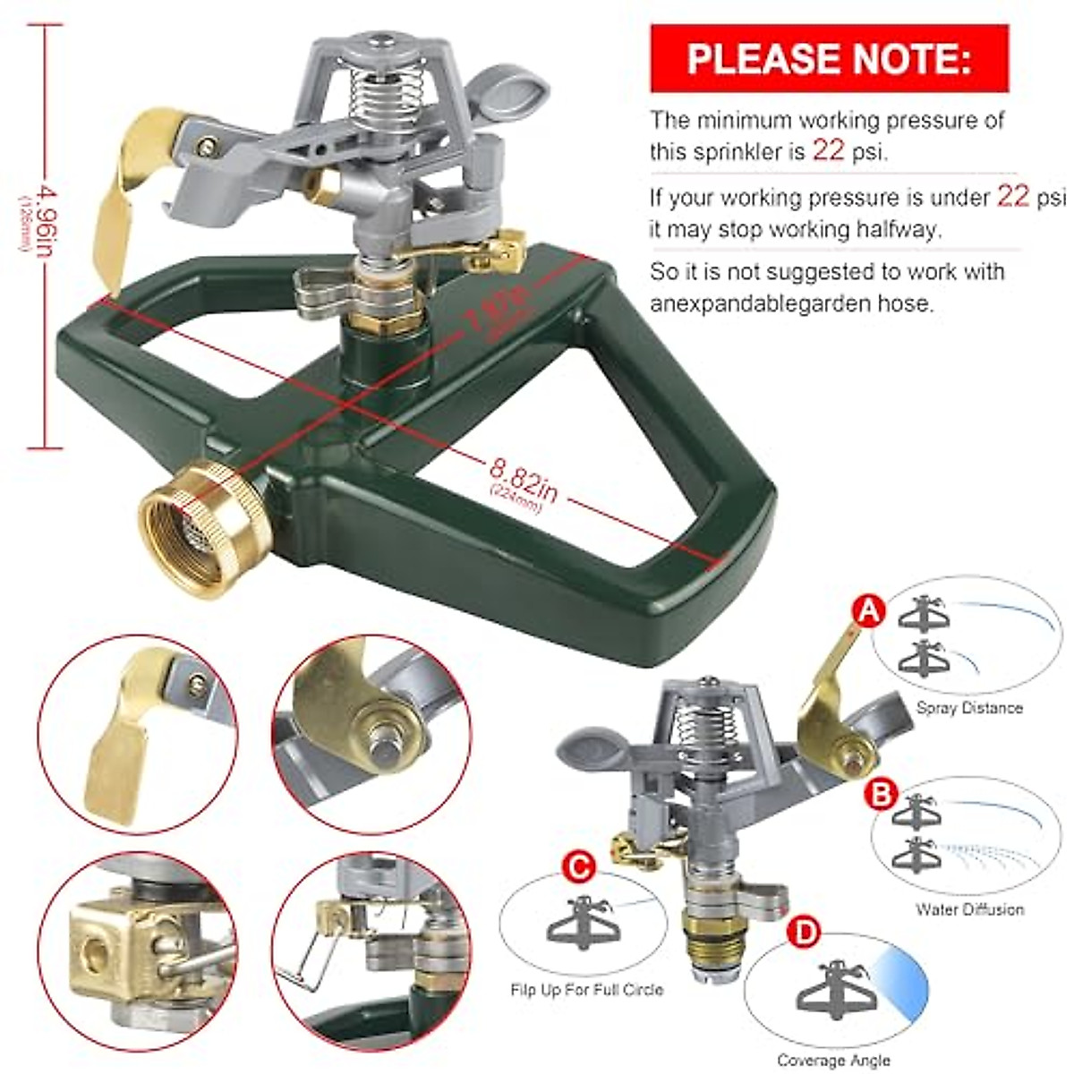 Sprinklers for Yard, Lawn Sprinkler with Metal Base, Heavy Duty Adjustable Zinc Alloy Sprinkler Head, Automatic Rotating Sprinkler for Lawn, Garden, Yard and Large Areas