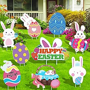 9PCS Easter Yard Signs Decorations Outdoor Waterproof Happy Easter Baskets Eggs Bunny Yard Stakes Sign Easter Lawn Yard Decorations for Hunt Game Party Supplies Decor, Easter Props