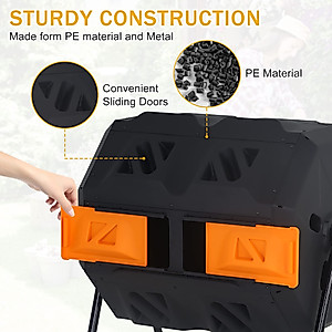 Outdoor Compost Tumbling Bin 43 Gallon Large Dual Chamber Sliding Doors Composter Steel Frame Garden Tumbling Rotating Composting Bins 360° Compost Tumbler Bucket Trash Can for Patio Yard (Black)