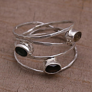 NOVICA Artisan Handmade Multigemstone Ring Green Smoky Quartz Citrine from Bali Sterling Silver Brown Multicolor Yellow Red Indonesia Birthstone [ring Front 0.5 in H x 0.8 in W x 0.2 in D Band Width ]