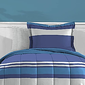 Dream Factory Kids 5-Piece Complete Bed Set Easy-Wash Super Soft Microfiber Comforter Bedding, Twin, Blue Rugby Stripe, (2D872701BL)