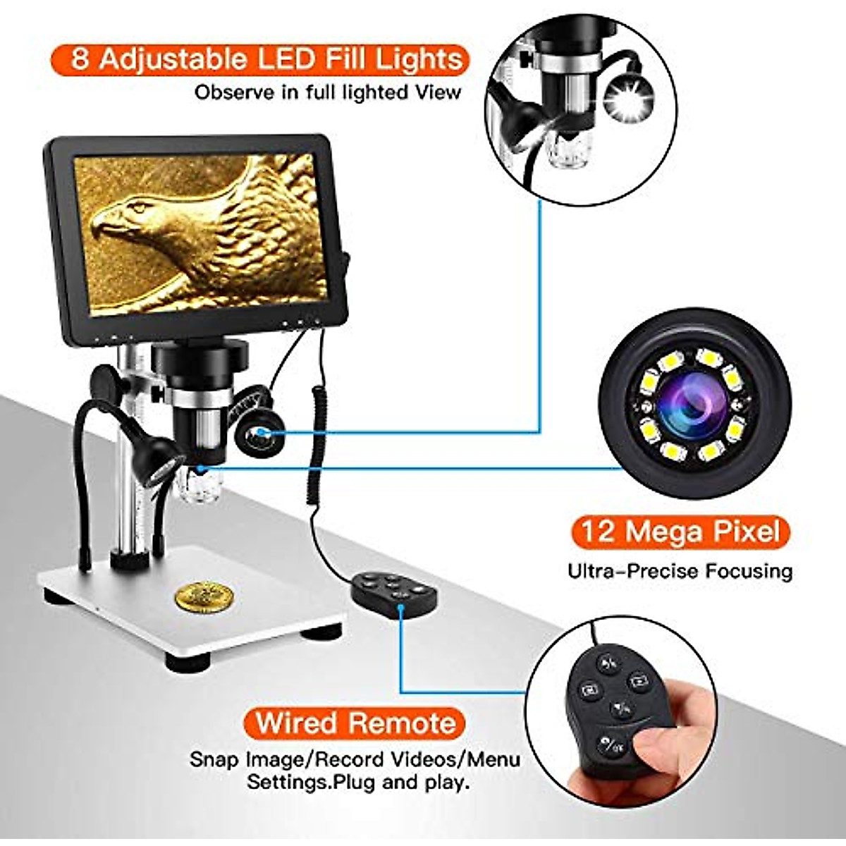 ANNLOV 7" LCD Digital Microscope with 32GB TF Card 1200X Maginfication 1080P Coin Microscope with Wired Remote,12MP Ultra-Precise Focusing Video Camera with 8 LED Fill Lights Windows/Mac Compatible