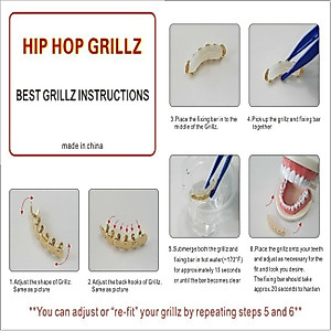 Acfun 24K Gold Plated Hip Hop Teeth Grillz Punk Custom Fit Polished Teeth Grillz Caps Top & Bottom Grill Set with 2 Silicon Molding Bars Removable Grills for Women Men Gift Halloween Party (Gold)