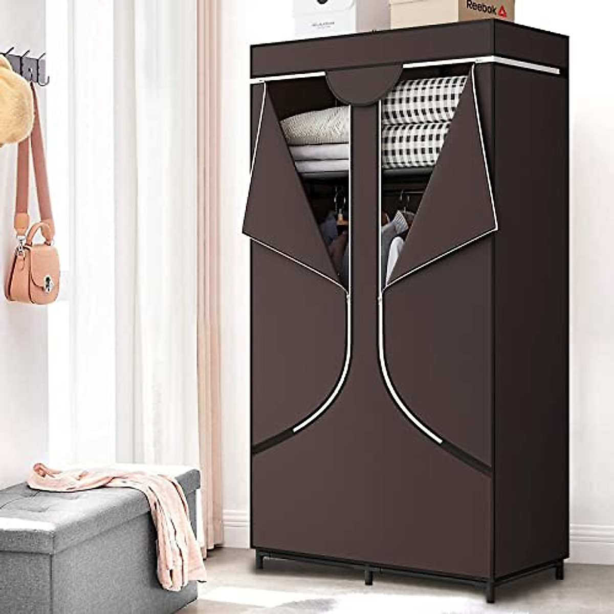 YIZAIJIA Portable Wardrobe Closet Clothing Organizer with Dustproof Non-Woven Fabric 34 Inch Clothes Hanging Rack for Bedroom (34 Inch, Coffee)