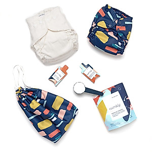Esembly Cloth Diaper Try-It Kit (Size 1, Brushstroke) and Esembly Wipe Up Wash Kit and 12pk Wipe Ups Bundle, Organic Cotton Reusable Diaper Wipes plus Organic No-Rinse Foaming Wipes Solution