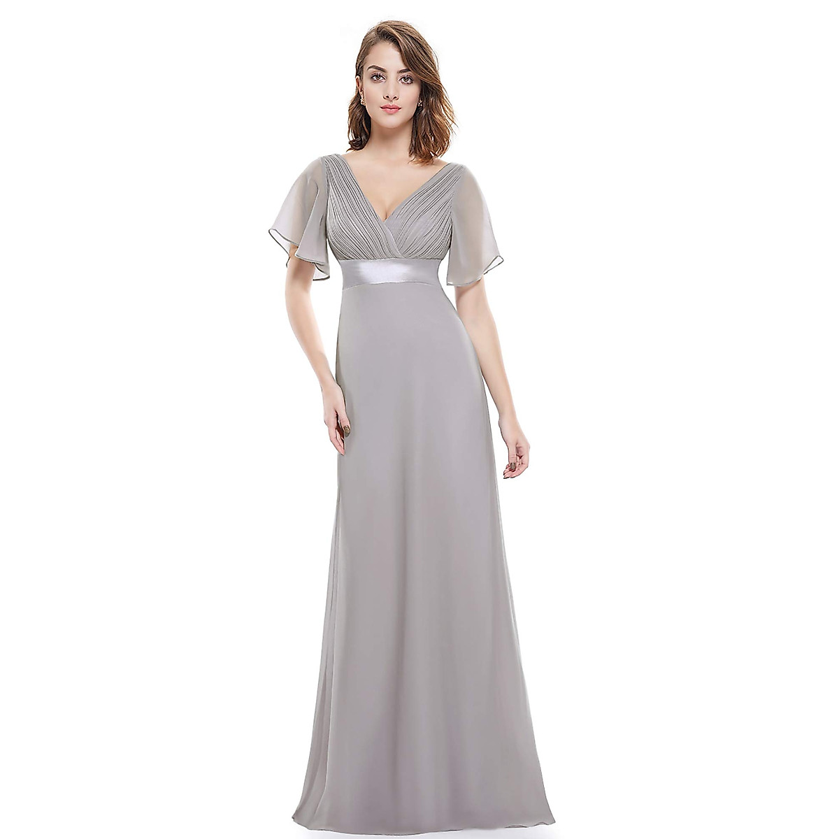 Ever-Pretty Women's Classic Chiffon Short Sleeve Pleated V-Neck Floor Length Bridesmaid Dresses Grey US14