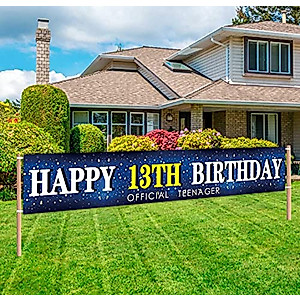 Large Blue Happy 13th Birthday Banner Huge Official Teenager Sign 13th Bday Party Sign for Yard Garden 13th Blue Birthday Party Decoration 13th Birthday Party Photo Backdrop Outdoor (9.8 x 1.6 feet)