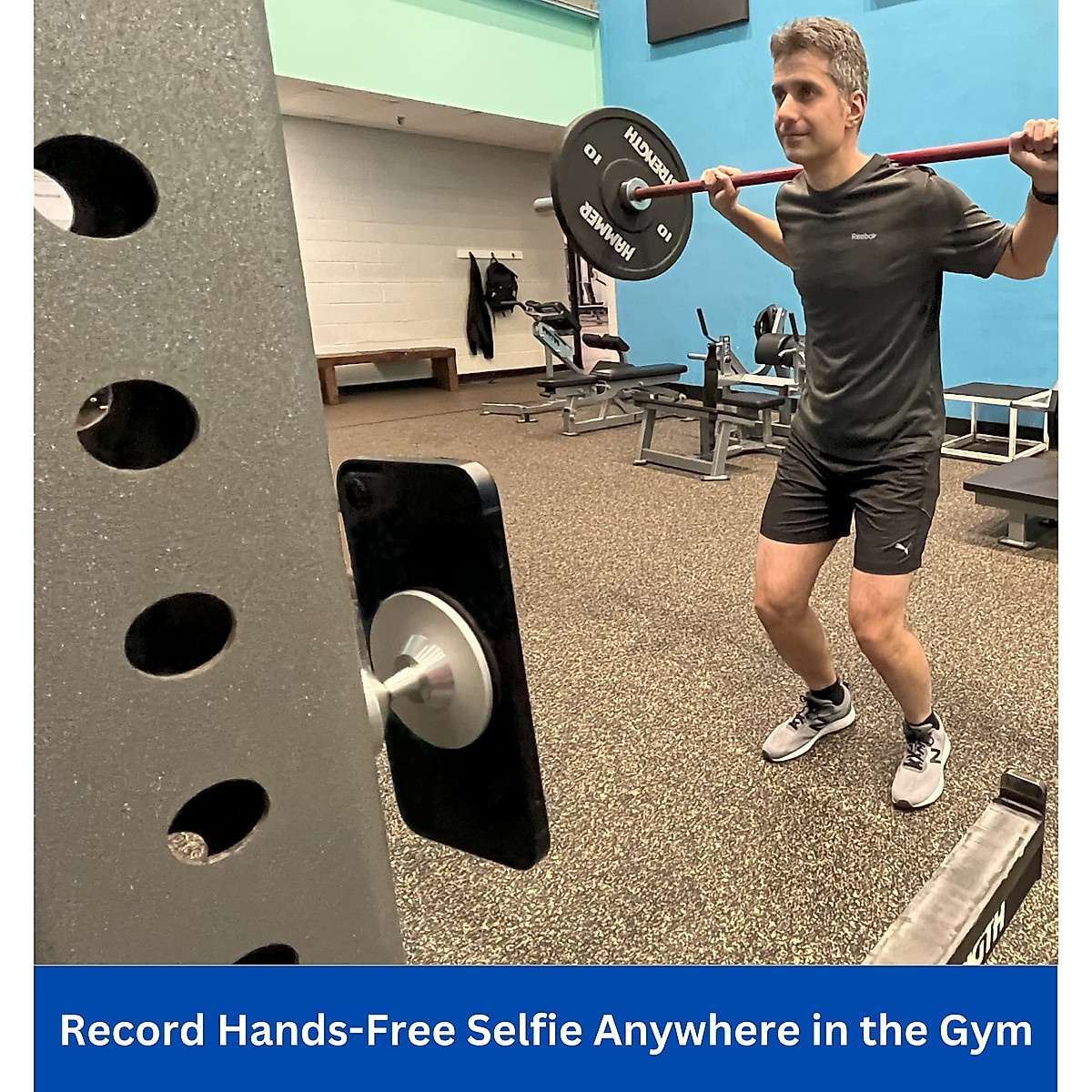 Gym Mate Magnetic iPhone Mount Holder. Attaches magnetically to Metal Surface. Shoot Hands-Free Videos While Working Out. Compatible with MagSafe on iPhones 12/13/14/15. Stable & Secure