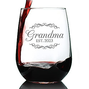 Grandma Est 2023 - New Grandmother Stemless Wine Glass Gift for First Time Grandparents - Decorative 17 Oz Large Glasses