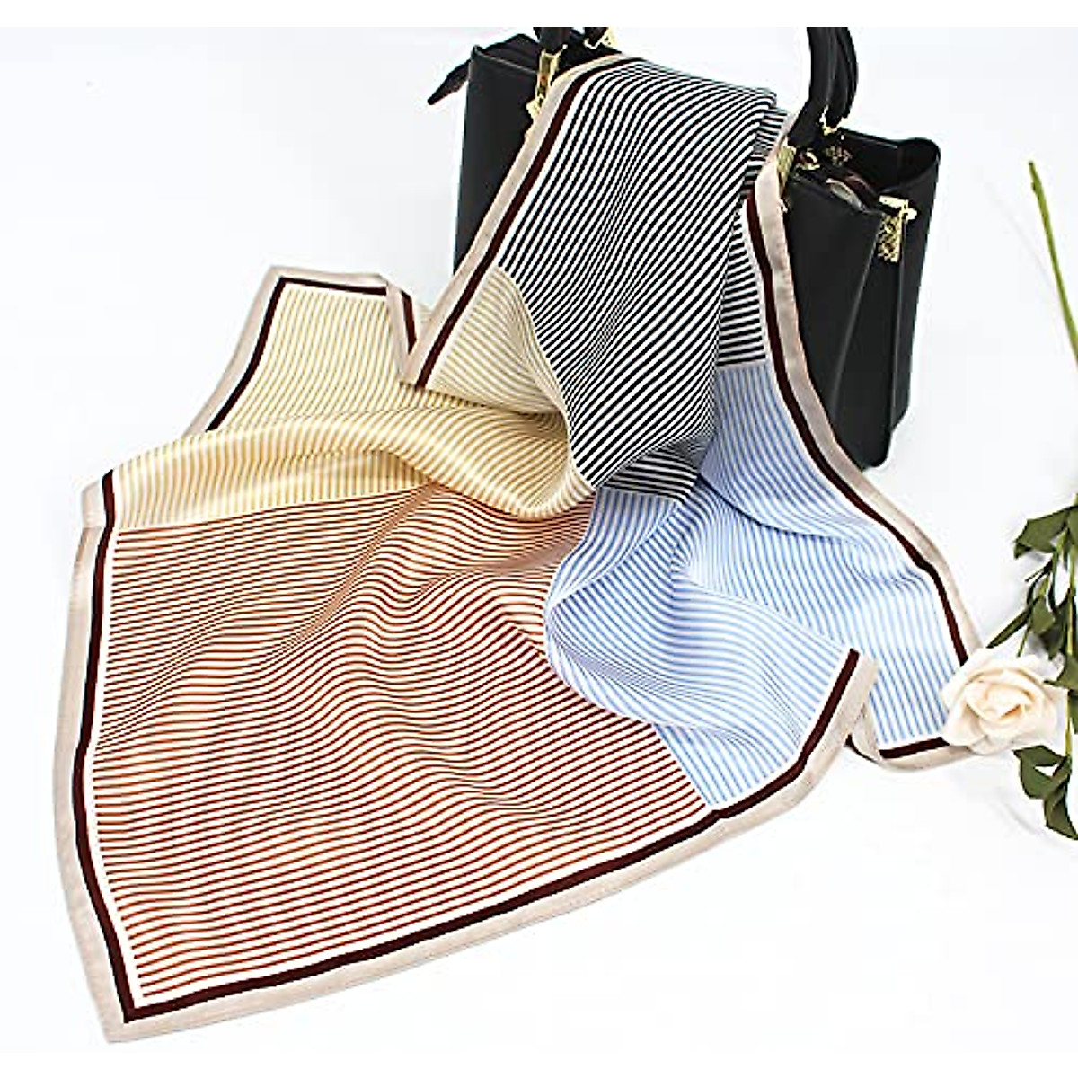 ANDANTINO 100% Pure Mulberry Silk Scarf -21” Lightweight Small Square Neckerchief – Breathable Digital Printed Scarves with Gift Packed (Contrast Color-Stripes)