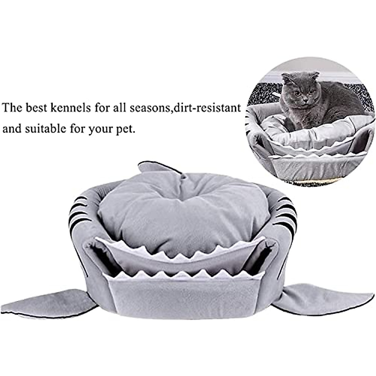 Cat Litter Hot Cat Mat Shark-Shaped House Warm Kennel Kitten Bed One Mat Two Usage Shark Bed for Small Cat Dog Cave Cozy Bed Removable （Light Grey）