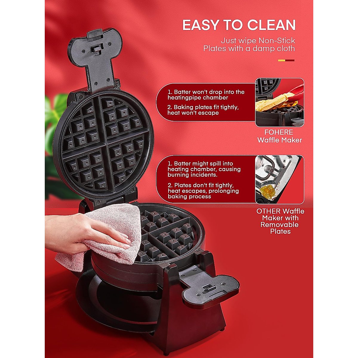 Waffle Maker, Belgian Waffle Maker Iron 180° Flip Double Waffle, 8 Slices, Rotating & Nonstick Plates, Removable Drip Tray Easy to Clean, Cool Touch Handle, Handle Lock for Easy Storage, 1400W (Red)