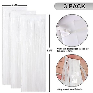RUBFAC 3pcs 3.3x8.2 Feet White Fringe Backdrop Curtains,Tinsel Streamers Birthday Party Decorations,Fringe Backdrop for Birthday Girl Princess Bachelorette Party Decor