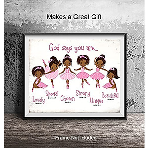 Black Afro African American Girl Wall Art - God Says You Are Christian Bible Verses - Religious Room Decor - Toddler, Little Girls Bedroom Decor - Pink Ballerina Baby Room Decorations - Daughter Gifts