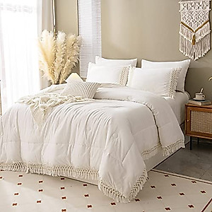 Boho King Comforter Set White Gold Comforter Set Shabby Chic Farmhouse Gold Hand Made Tufted Tassel Aesthetic Home Decor Comforter 1 Cotton Comforter 2 Pillowcases (White, King)