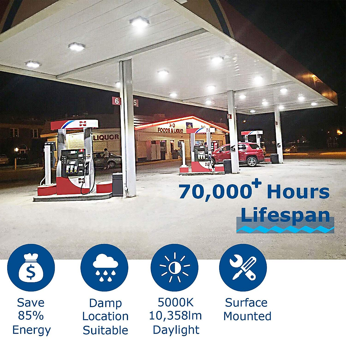 Hytronics 100W LED Canopy Gas Station Light, 5000K 10485Lumens, UL Listed & DLC Certificate, Sheet-Metal Lamp Body, IP 65 Rating Waterproof.