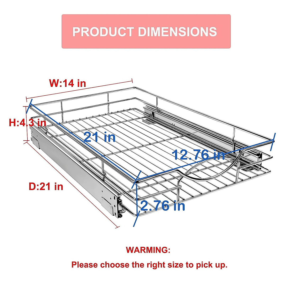 Sikarou Pull Out Cabinet Drawer Organizer, 14”W x 21”D - Requires At Least 15 Cabinet Opening, Heavy Duty Slide Out Shelves, Sliding Drawer Storage for Kitchen, Bathroom, Chrome Finish