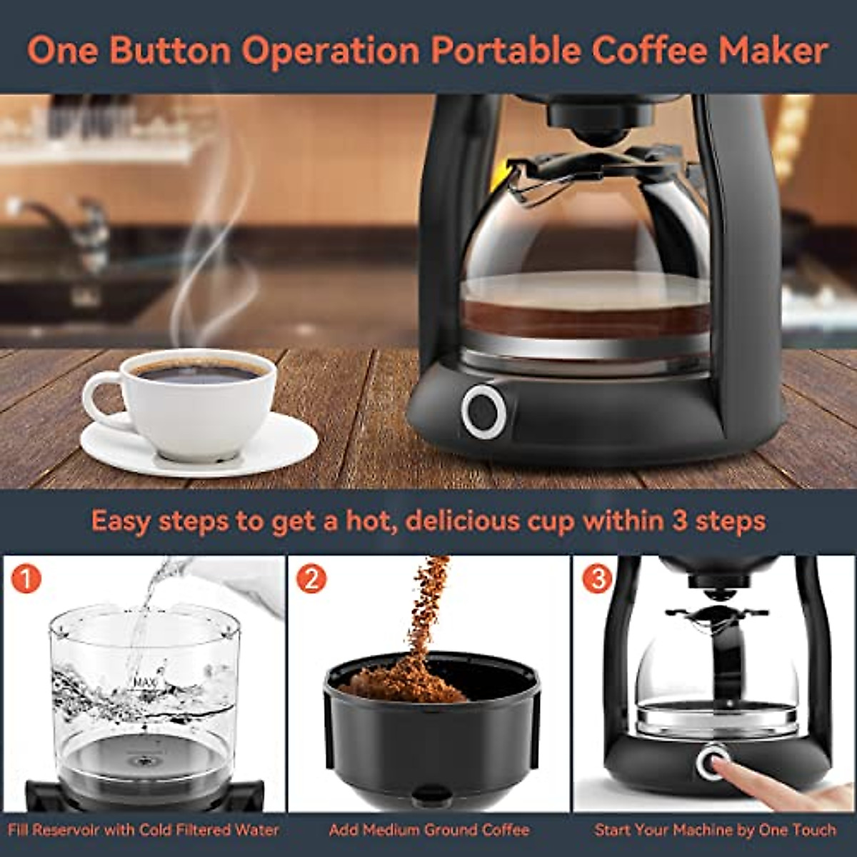 Tredy 2-Cup Coffee Maker, One Touch Automatic Drip Coffee Machine with Removable Water Reservoir, Glass Carafe, Automatic Shut Off & Warm Plate for Home Office(480ML/16OZ)