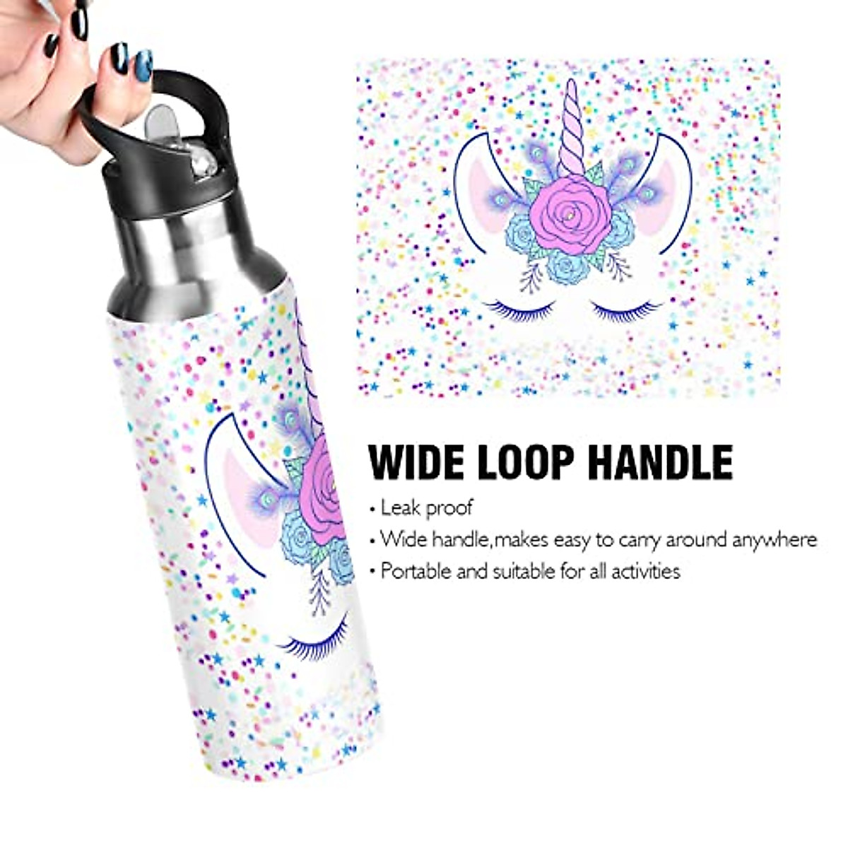 Star Flowers Unicorn Water Bottle with Straw Lid Double Wall Thermos Bottle Vacuum Insulated Flask Stainless Steel Water Bottle for Gym Outdoor 20 OZ
