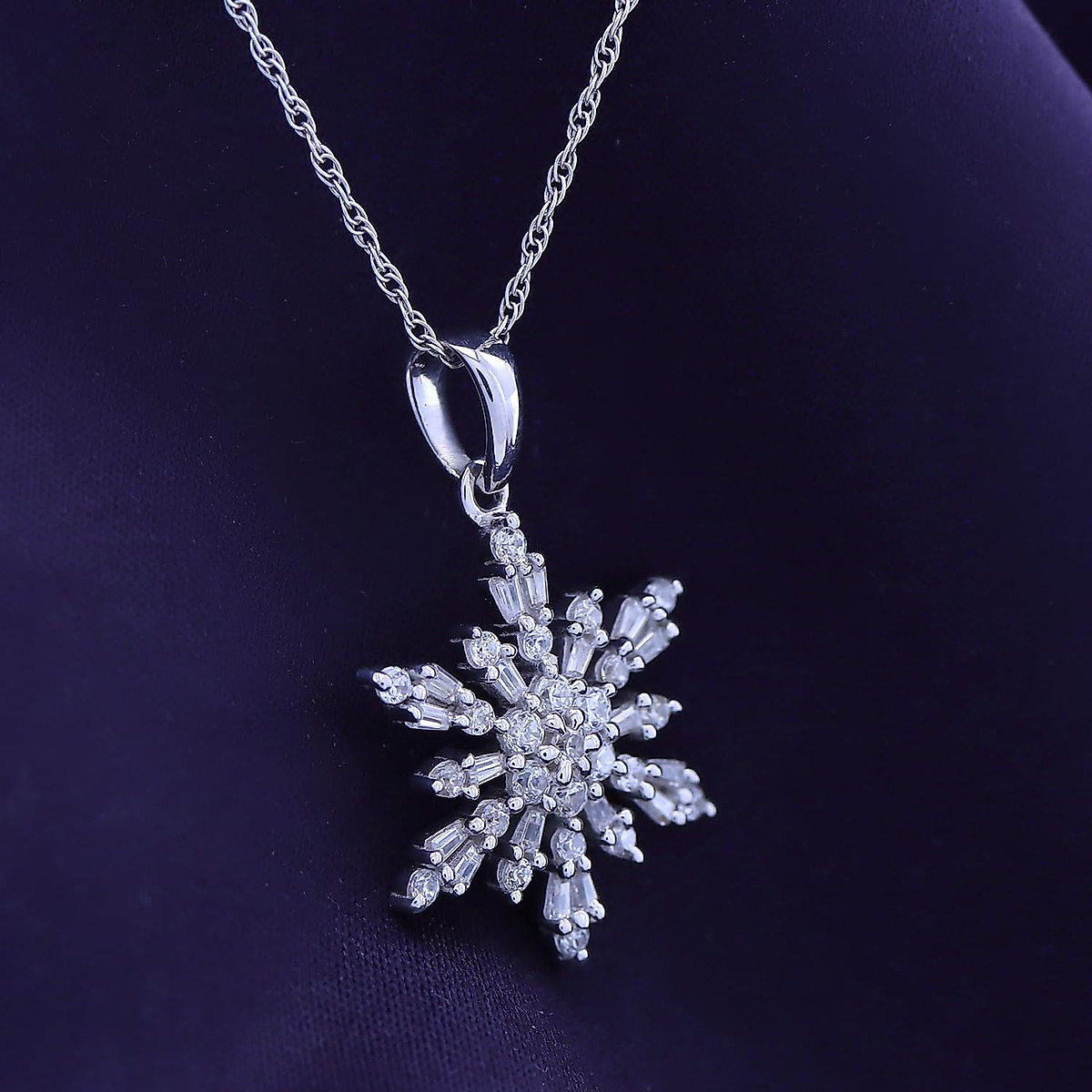 AFFY Baguette & Round White Cubic Zirconia Snowflake Charm Pendant Necklace in 14k White Gold Over Sterling Silver