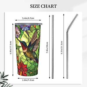 20 Oz Tumbler with Lid and Straw, Stained Glass Hummingbird Art Insulated Tumbler Stainless Steel Cups, Personalized Coffee Tumbler Travel Mug Water Bottle