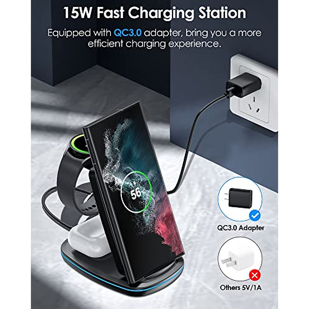 Wireless Charger 3 in 1, Foldable Fast Charging Station Compatible with Samsung Galaxy Watch 5 Pro/5/4/3/Active, S23 S23+ S22 S22+ S21 S20 Ultra FE/Note 20 10 9/ Z Flip Fold 4 3 2, Buds/2/Pro/Live