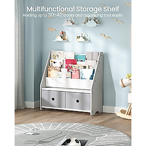 CHOEZON Kids Bookshelf and Toy Storage, 4 Tier Large Capacity Kids Book Rack, Sling Kids Bookcase, for Kids Room, Nursery, Playroom, White and Gray MCW06WT