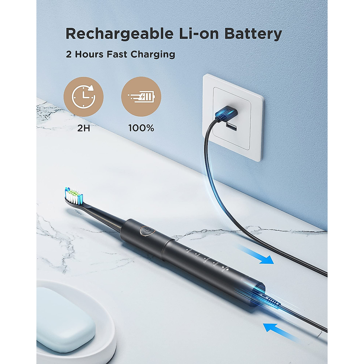 NINICE Sonic Electric Toothbrush for Adults and Kids, Rechargeable Electric Toothbrush with 8 Brush Heads, 5 Modes, Timer, One Charge for 30 Days， Black