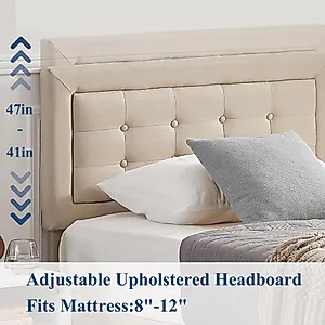 VECELO Twin Size Upholstered Bed Frame with Height Adjustable Fabric Headboard, Heavy-Duty Platform Bedframe/Mattress Foundation/Strong Wood Slat Support/No Box Spring Needed, BGE