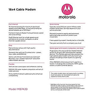 MOTOROLA 16x4 Cable Modem, Model MB7420, 686 Mbps DOCSIS 3.0, Certified by Comcast XFINITY, Charter Spectrum, Time Warner Cable, Cox, BrightHouse, and More