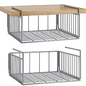 SUFAUY 2-Pack Under Cabinet Shelf Basket Organizer, Metal Wire Rack Hanging Storage Baskets Holds up to 22lbs for Kitchen Pantry or Refrigerator, Silver