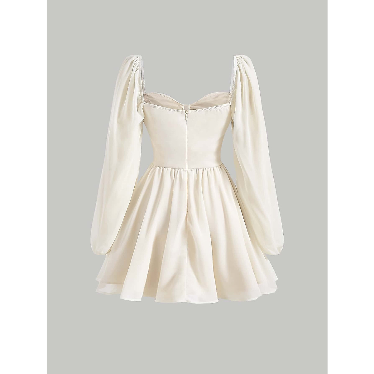 Verdusa Women's Long Sleeve Sweetheart Neck Lantern Sleeve Ruched Bust Ruffle Trim Mini Dress White XS