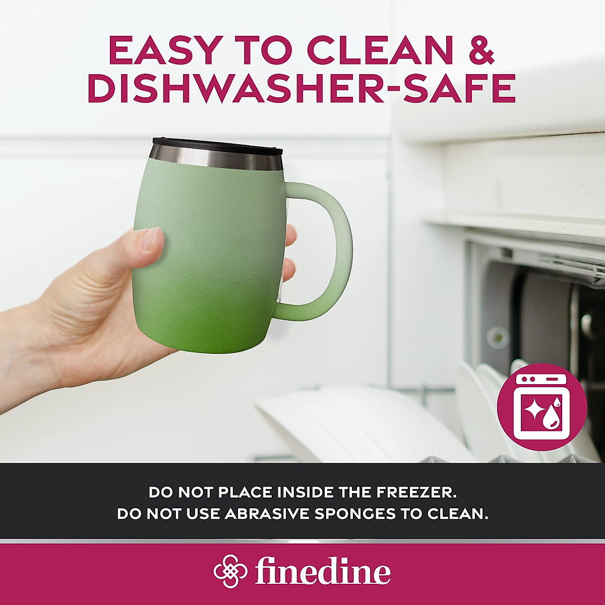 FineDine Double-Wall Stainless Steel, Drinking Cup, Coffee Mugs with Spill-Resistant Lids, Comfortable Handle for Hot & Cold Drinks, Shatterproof Coffee Cups, 14 Ounces