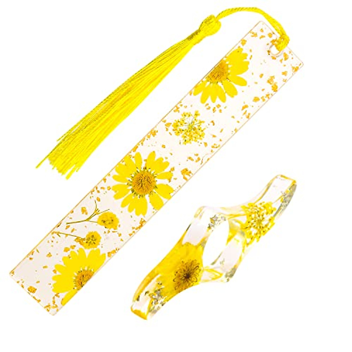 BENBO 2PCS Flower Acrylic Bookmarks, Resin Dried Flower Book Page Holder Handmade Floral Bookmarks with Colorful Tassels Transparent Thumb Ring Page Holder for Reading Students Teachers (B)