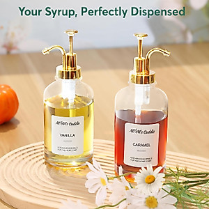 Glass Syrup Dispenser for Coffee Bar - No Leak, 16.9 Oz (500ml), Golden Pump, Easy-to-Use, Coffee Syrup Dispenser with 20 Labels & Silicone Funnel, Premium Quality & Durable – Pack of 2