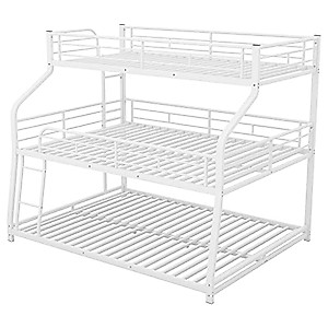 Harper & Bright Designs Metal Triple Bunk Beds,Bunk Beds Twin XL/Full XL/Queen,3 in 1 Triple Bed,Heavy Duty 3 Beds Bunk Bed with Guard Rails & 2 Ladders for Kids,Teens, Adults,White